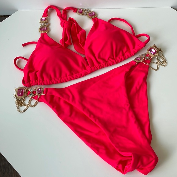 imOgen | Swim | Nwt L Triangle String Scrunch Jewels Bikini Neon Red W ...